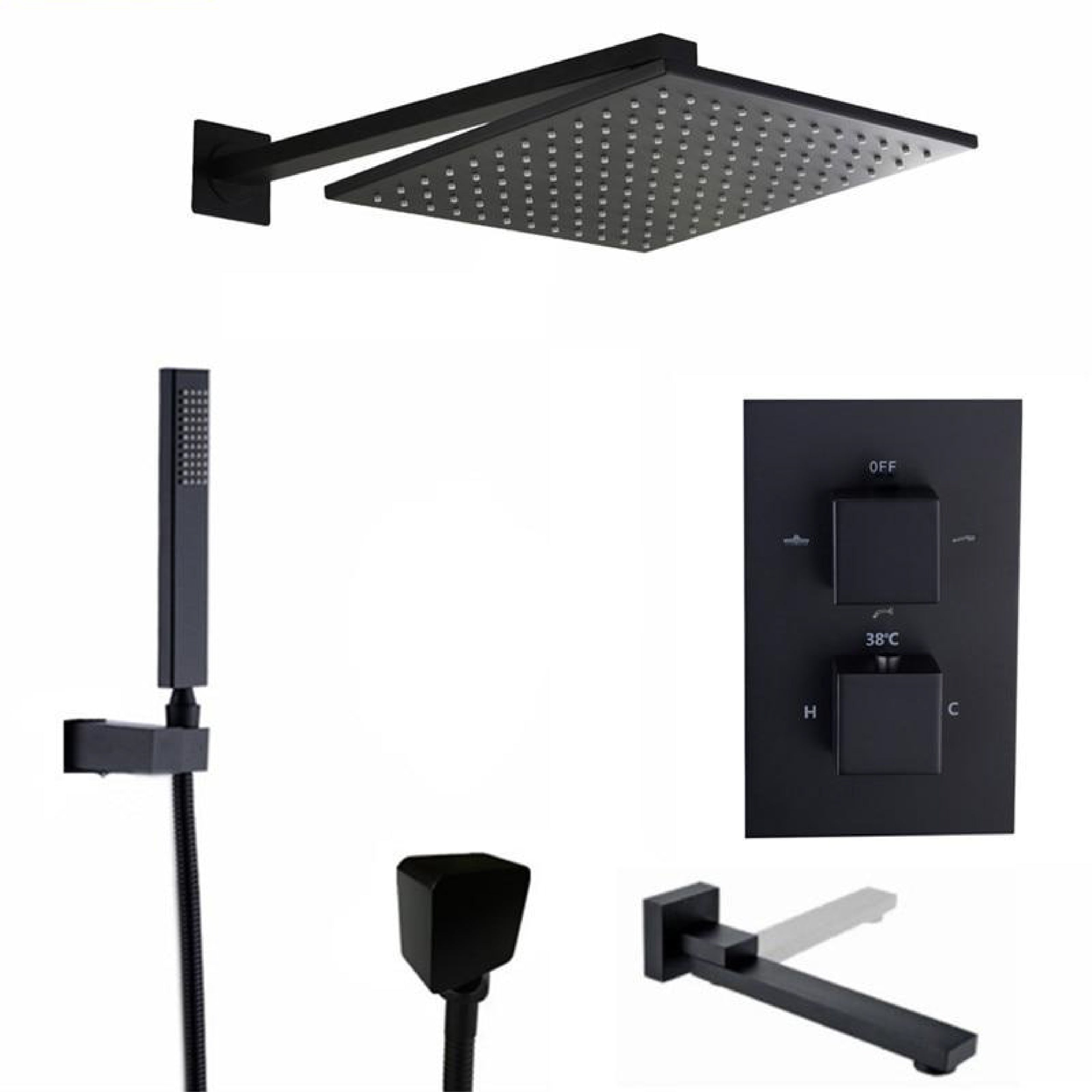 CSA-Bayern-Black Matte Square 12" Rain head with Thermostatic 3 way fu ...
